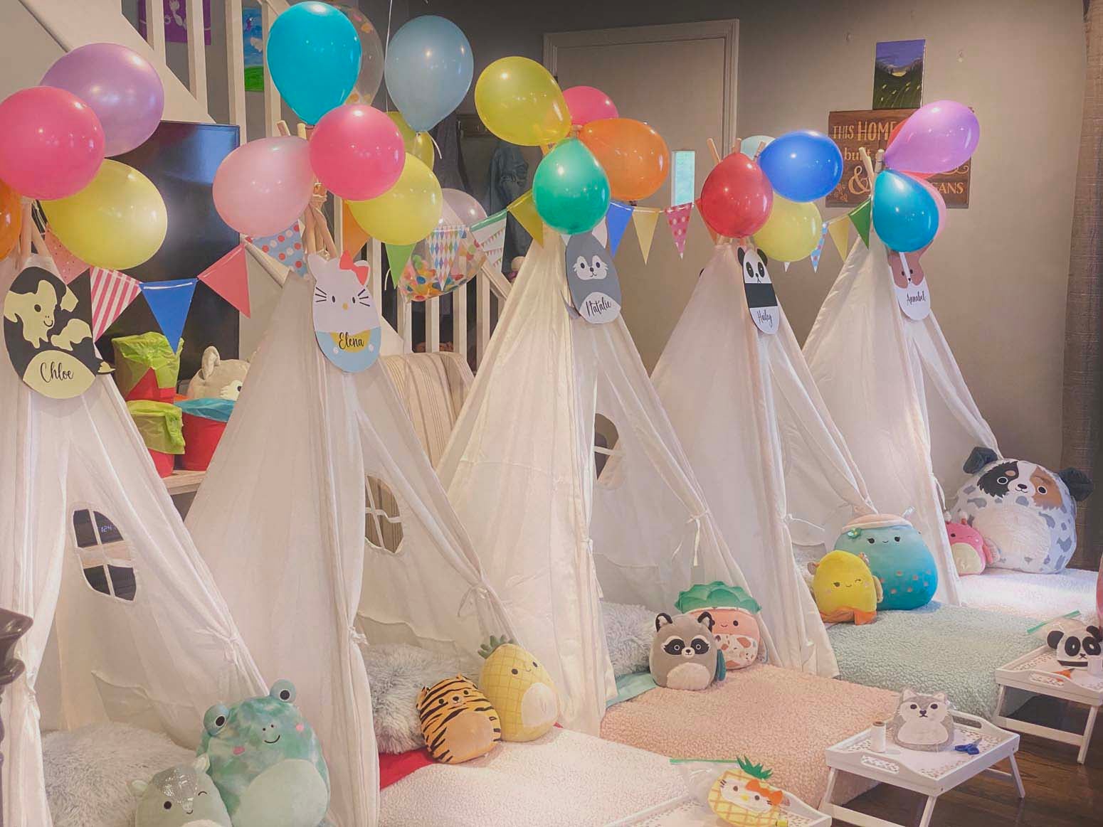 Squishmallow themed party, with teepees squishmallow decorations, and ...