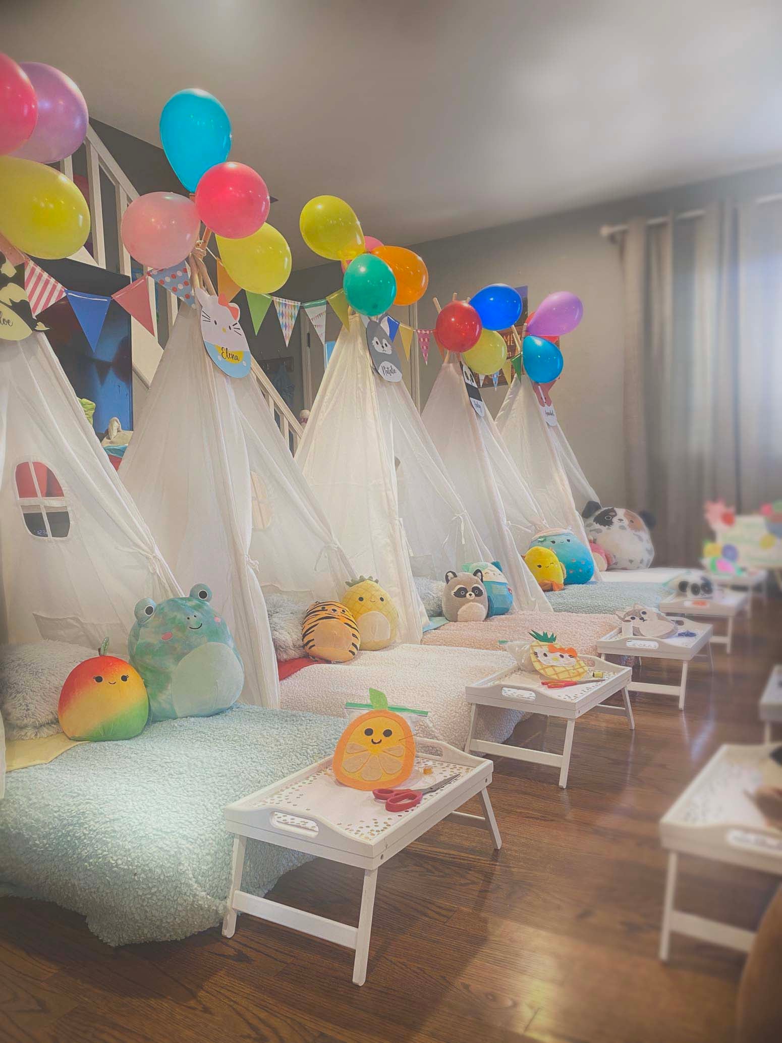 Squishmallow themed party, with teepees squishmallow decorations, and ...