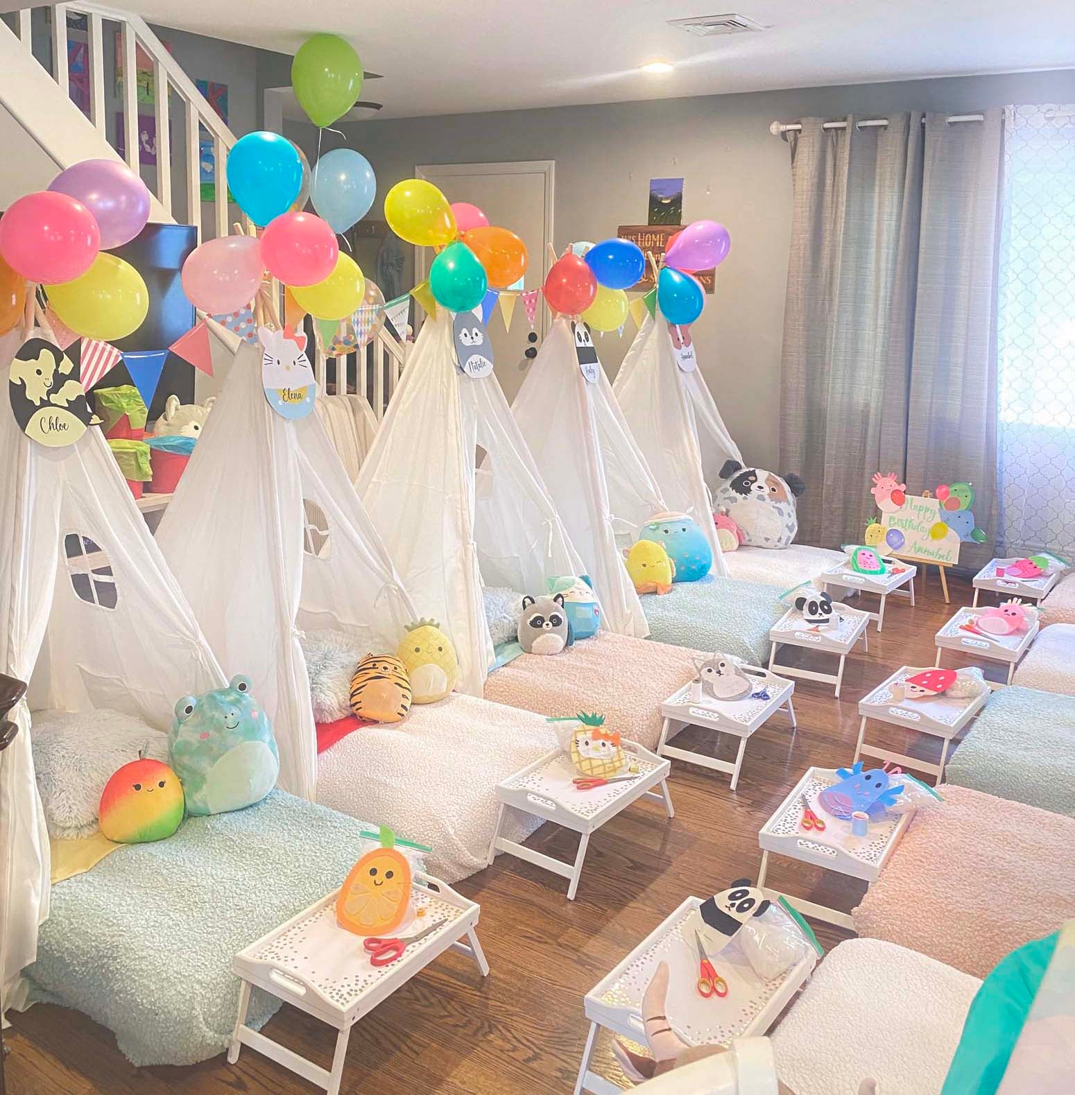 Squishmallow themed party, with teepees squishmallow decorations, and ...