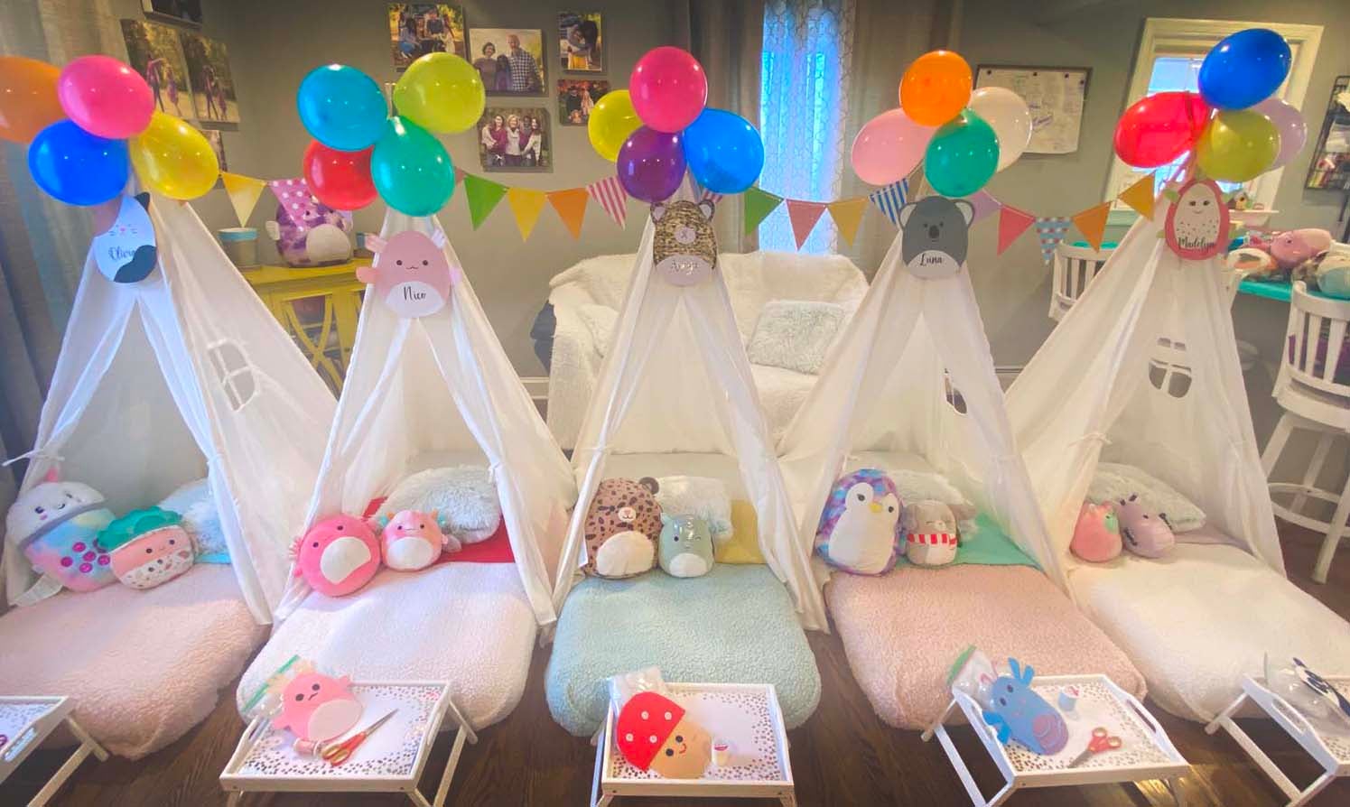 Squishmallow themed party, with teepees squishmallow decorations, and ...